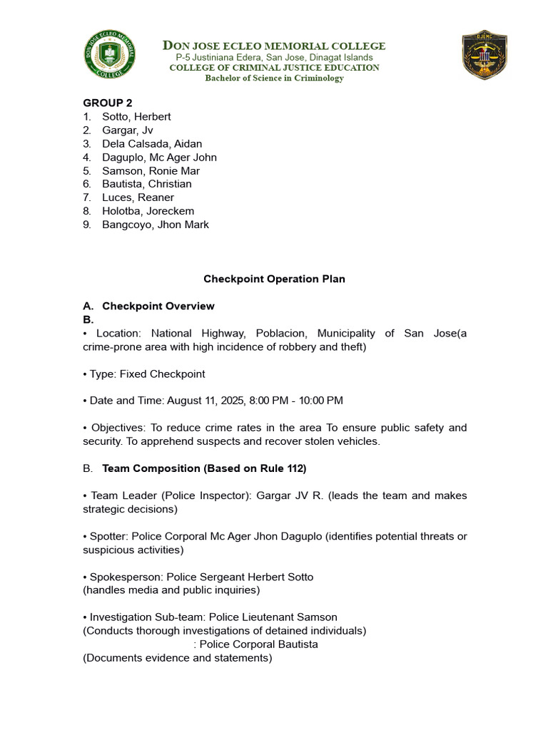 Checkpoint Operation Plan for Criminology | PDF | Police | Criminal Law