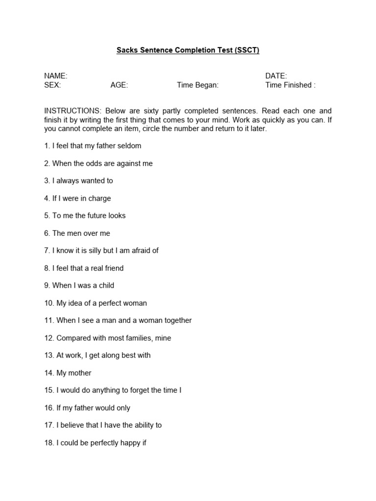 Sacks Sentence Completion Test Ssct Pdf