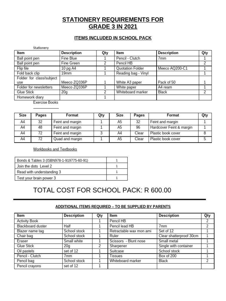 Grade 3 in 2021 Stationery Requirements | PDF | Pencil | Graphite