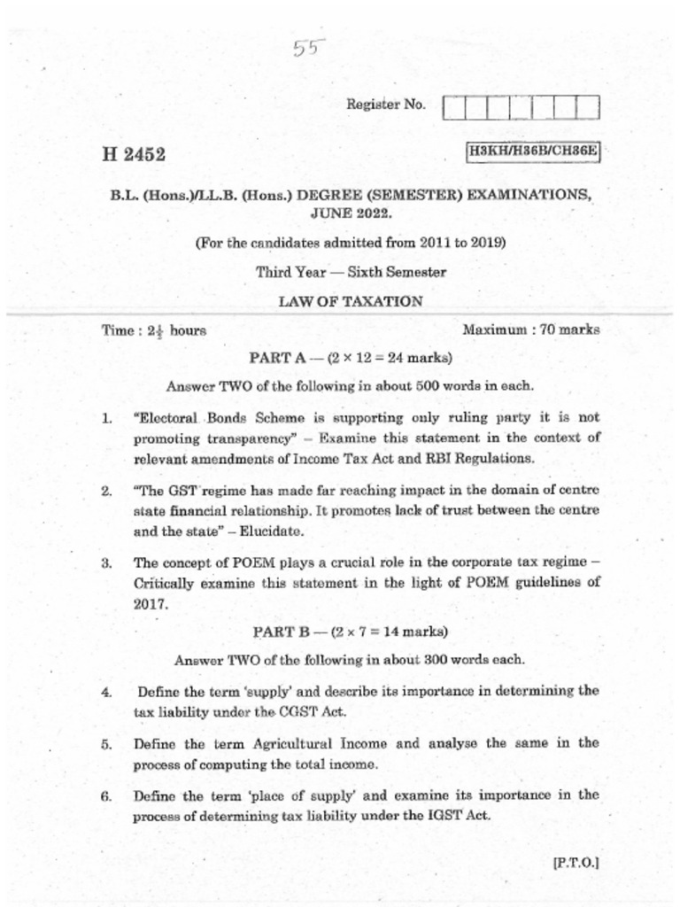 Law of Taxation - LLB (Hons.) June 2022 Semester Exam Question Paper | PDF