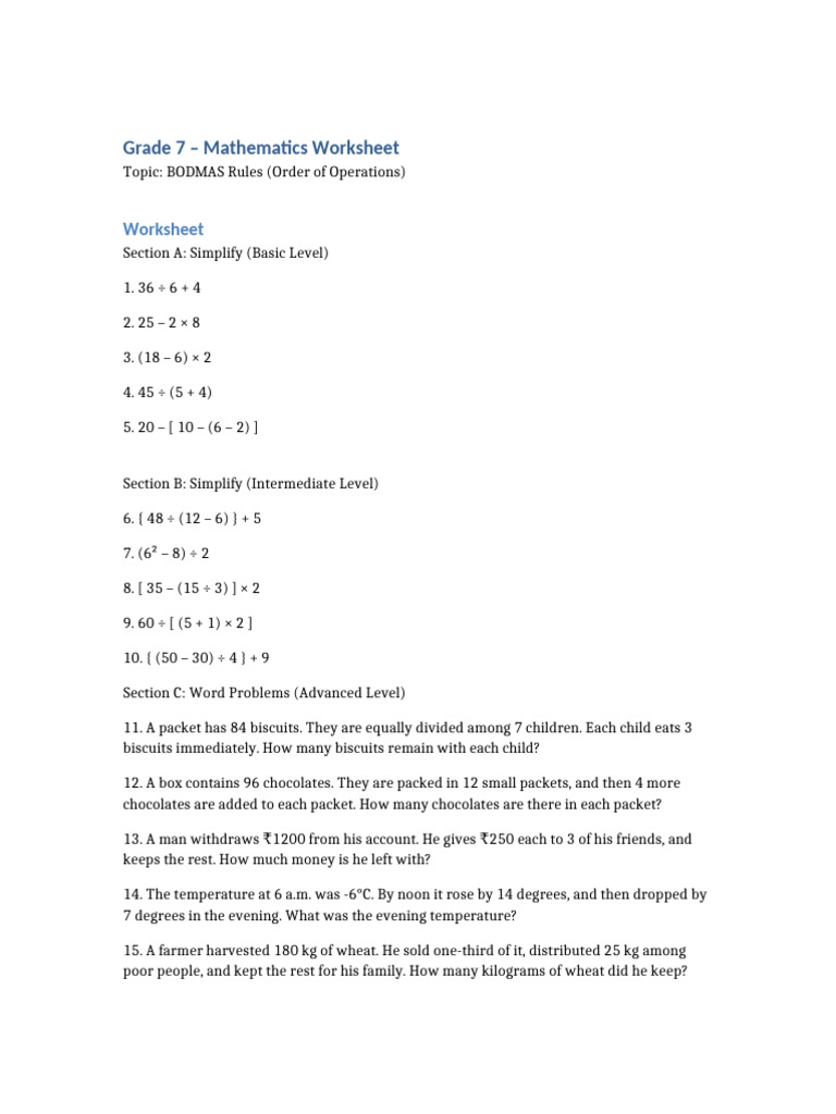 BODMAS Worksheet for Grade 7 | PDF