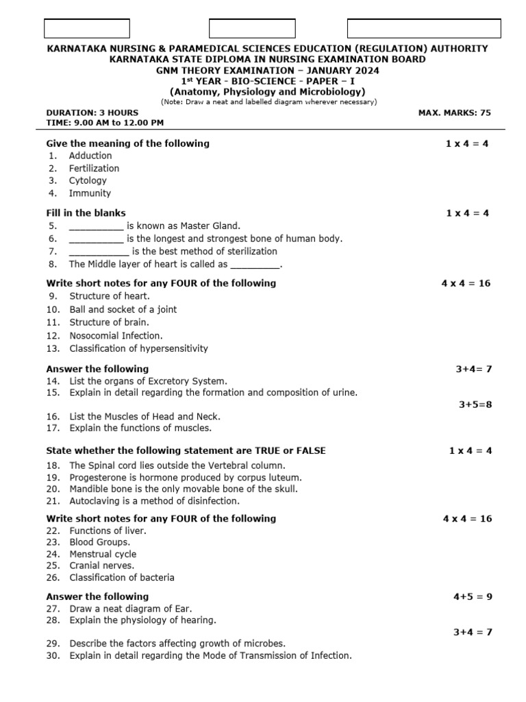 GNM 1st Year Bio-Science Exam Paper 2024 | PDF | Anatomy | Human Anatomy
