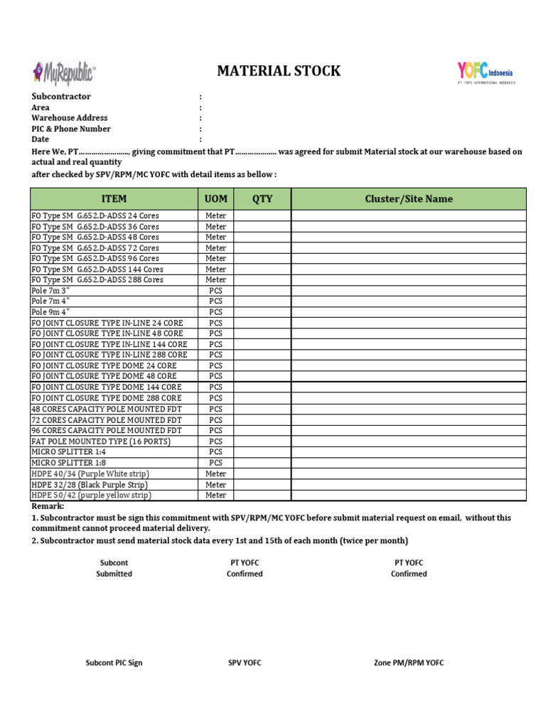Material Stock Submission for Subcontractors | PDF