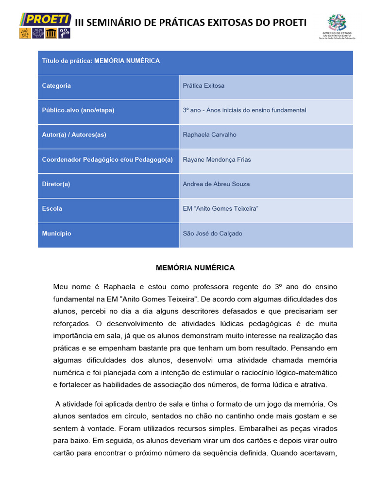 Memória Numérica - em Anito Gomes Teixeira - Relato de Prática - III ...