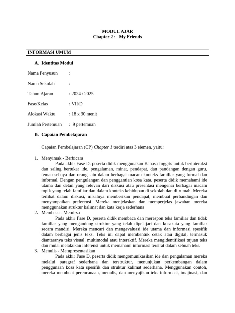 MODUL AJAR KELAS 7 PERTEMUAN 1 Modul Ajar Chapter 1 | PDF