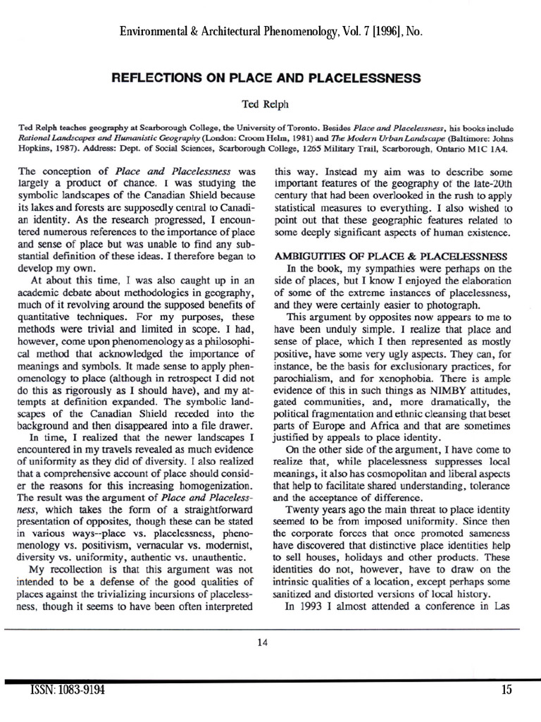 Reflections on Place and Placelessness | PDF | Geography