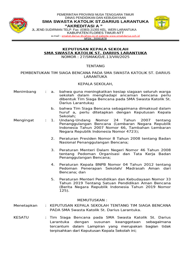 Pembentukan Tim Siaga Bencana Sekolah | PDF