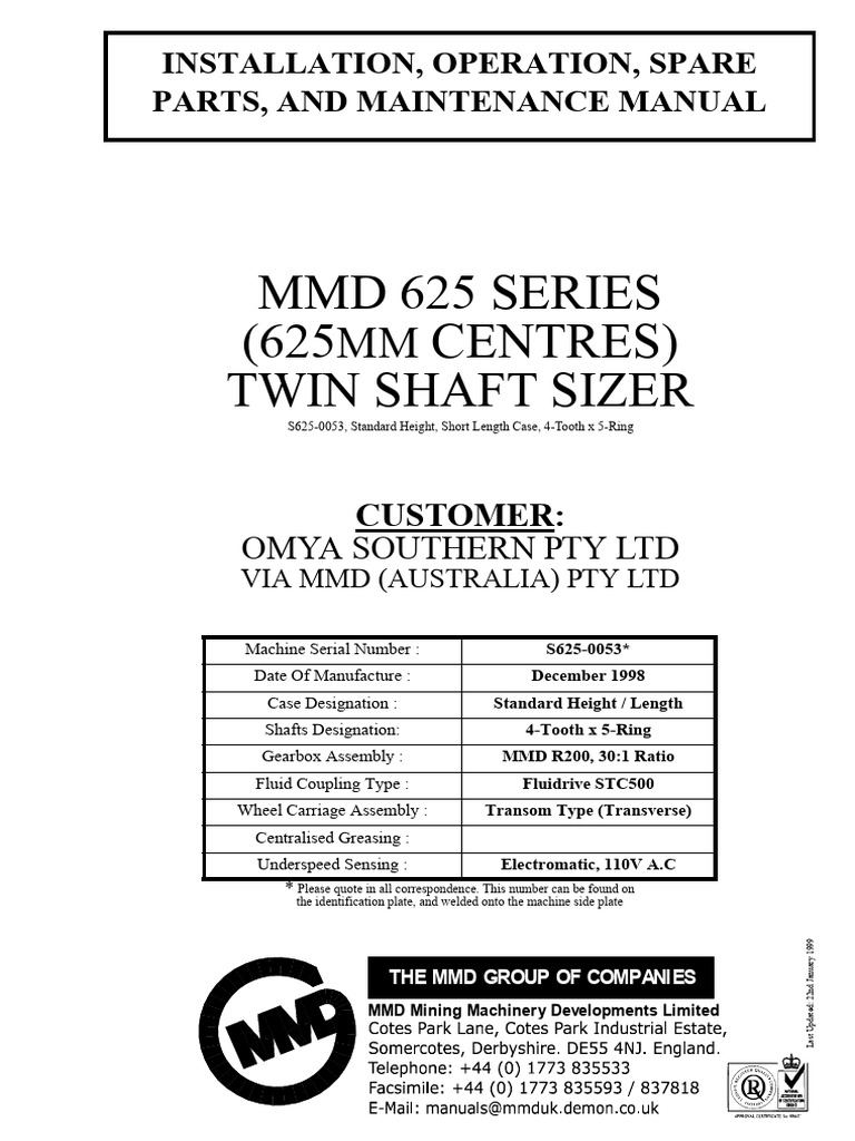 MMD 625 Series Twin Shaft Sizer Manual | PDF | Bearing (Mechanical) | Gear