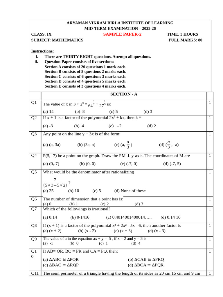 Class 9 Math Mid-Term Sample Paper-2 | PDF | Area | Triangle
