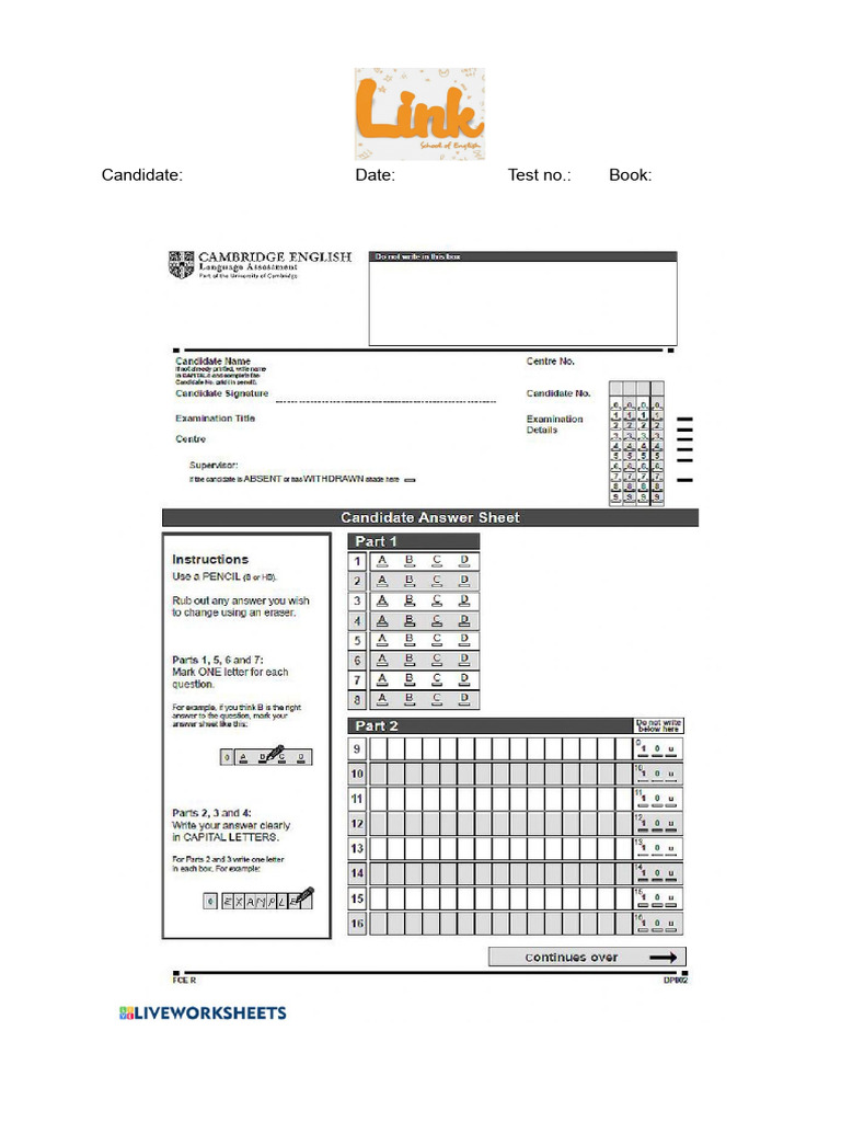 Reading and Use of English Answer Sheet | PDF