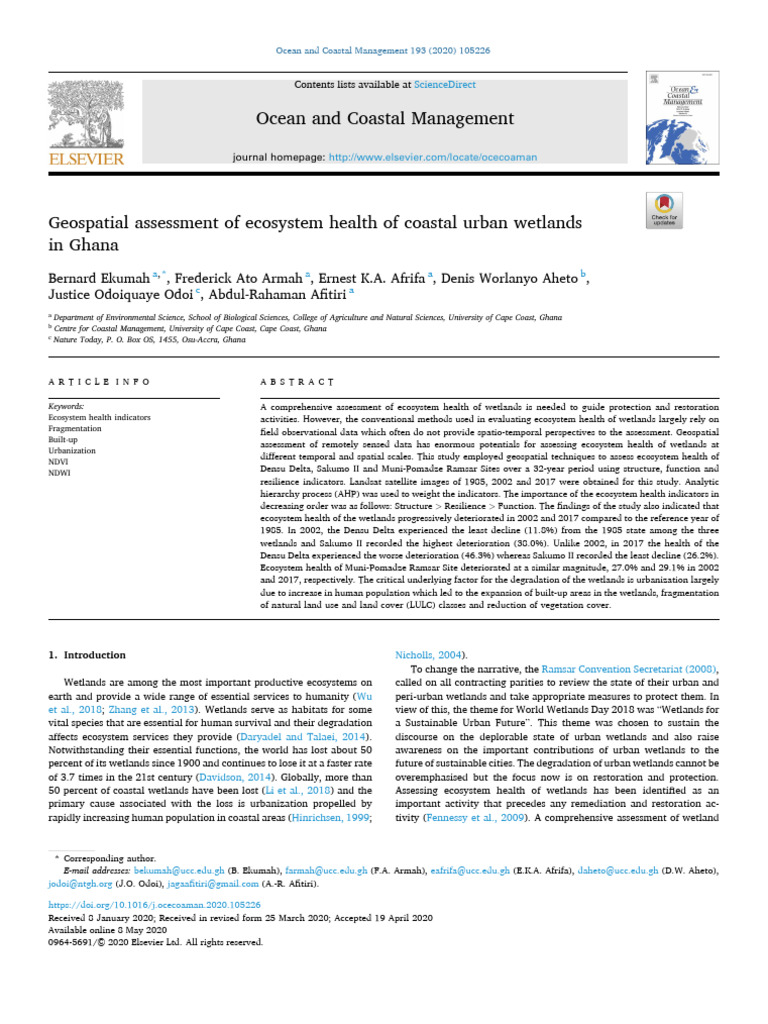 Ecosystem Health of Ghana's Coastal Wetlands | PDF | Wetland ...