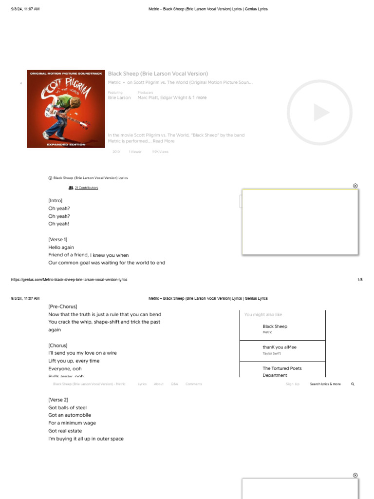 Black Sheep Lyrics by Metric & Brie Larson | PDF
