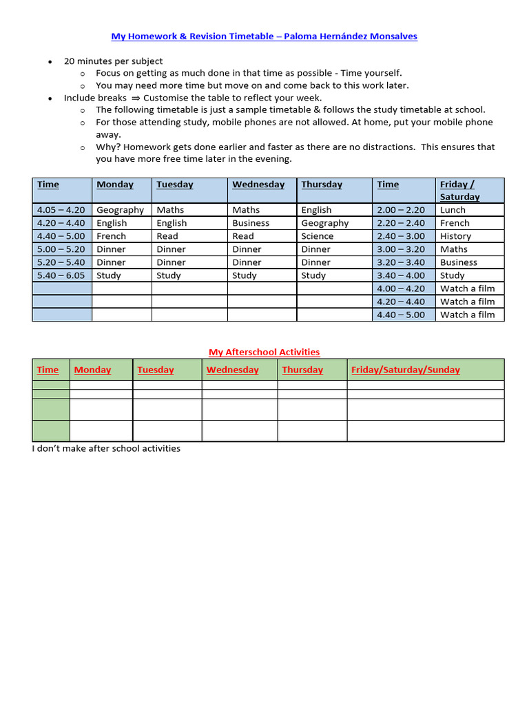 My Homework and Revision Timetable | PDF