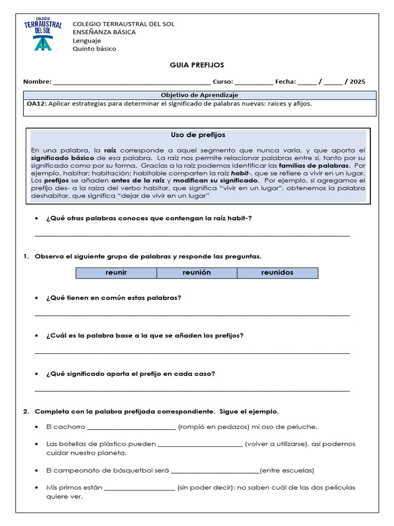 LENGUAJE 5Â° BÃ_SICO GuÃ_a prefijos | PDF | Palabra | Lingüística