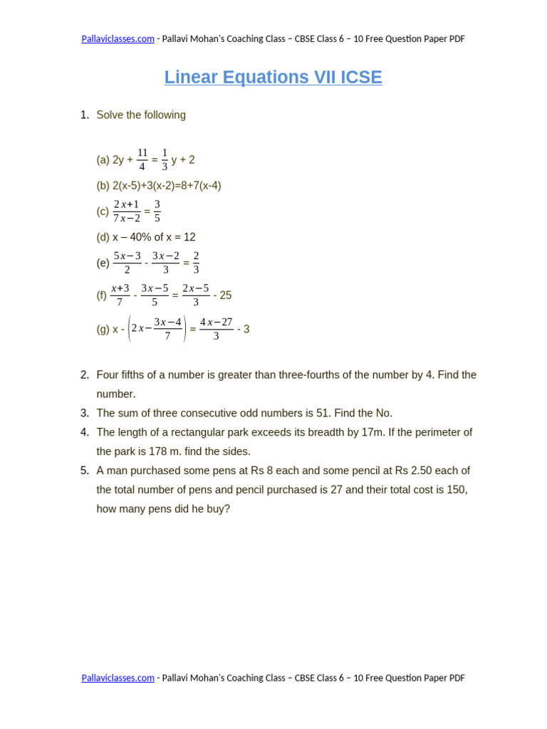 Linear Equations VII ICSE | PDF