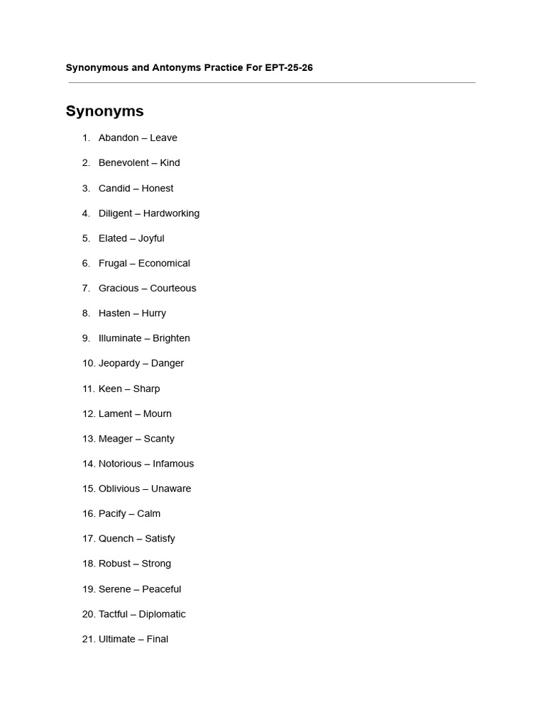 Synonymous Antonyms For EPT | PDF