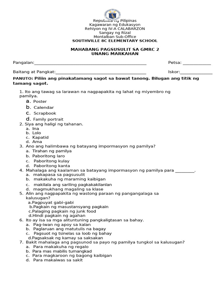 Long Quiz in GMRC 2 Quarter 1 | PDF