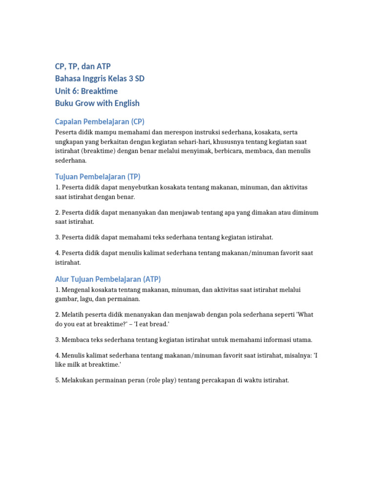 CP TP ATP BahasaInggris Kelas3 Unit6 Breaktime | PDF