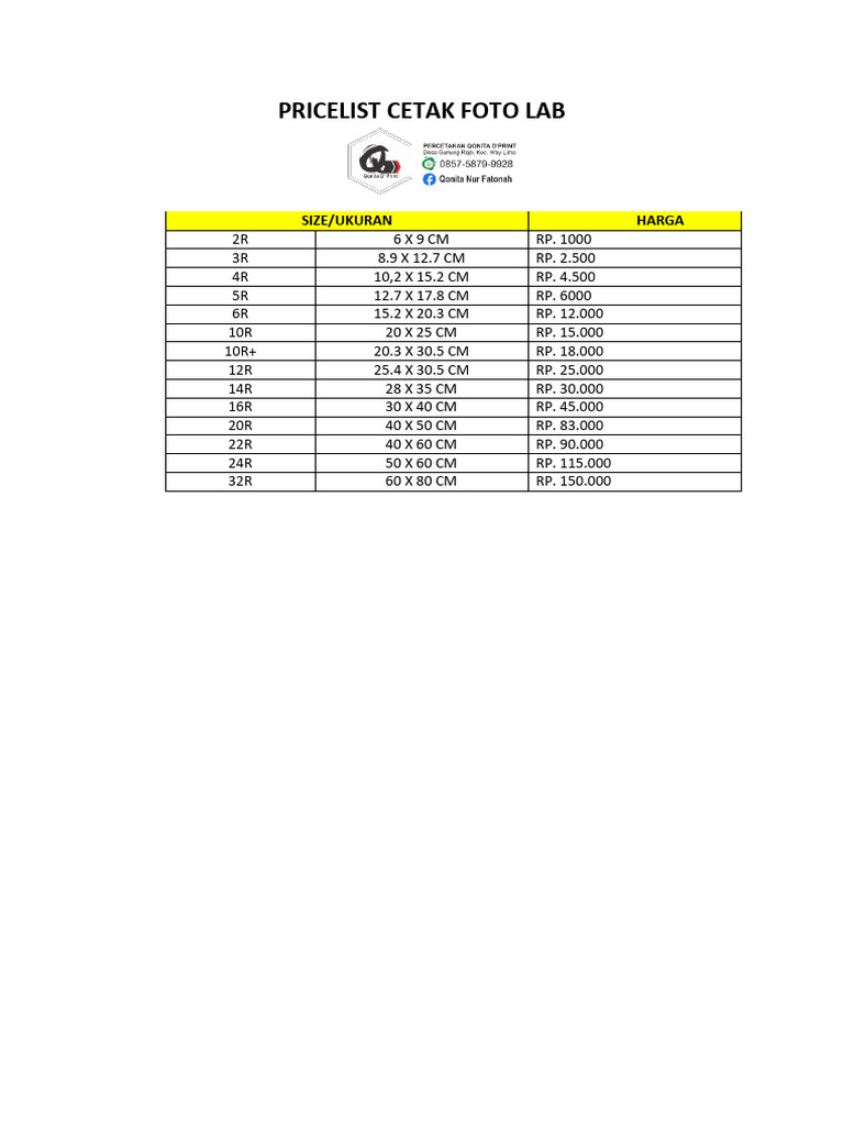Pricelist Cetak Foto Lab | PDF