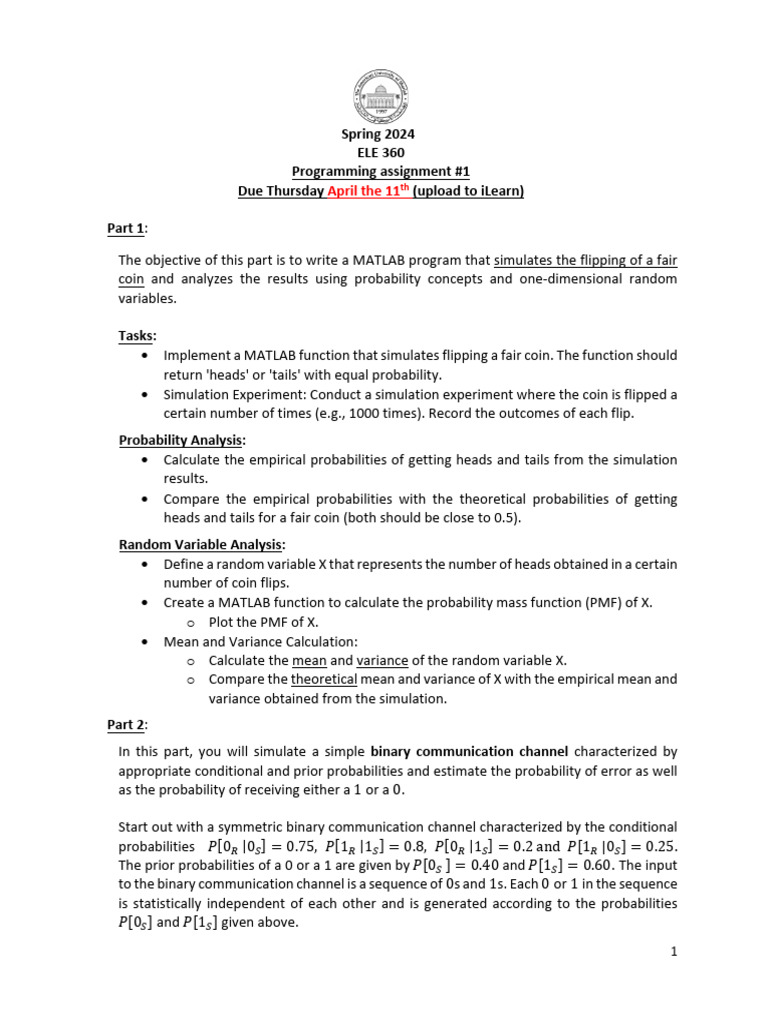 MATLAB HW1-Spring 2024 | PDF | Probability | Variance