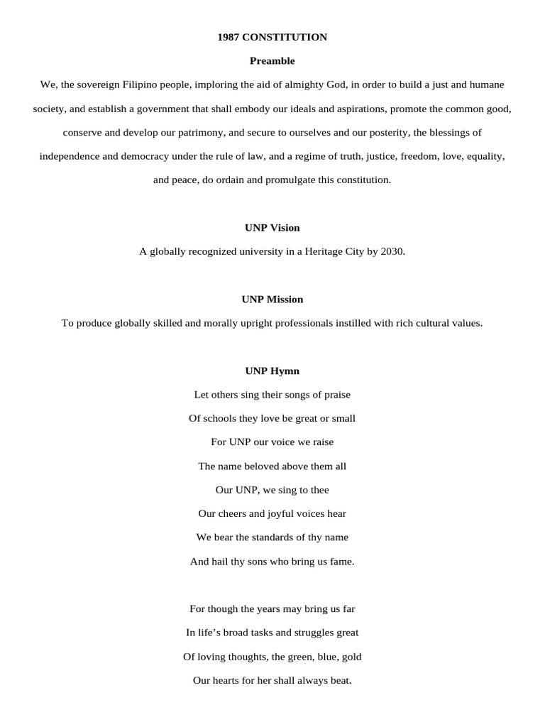 Preamble UNP Vision Mission and Hymn | PDF