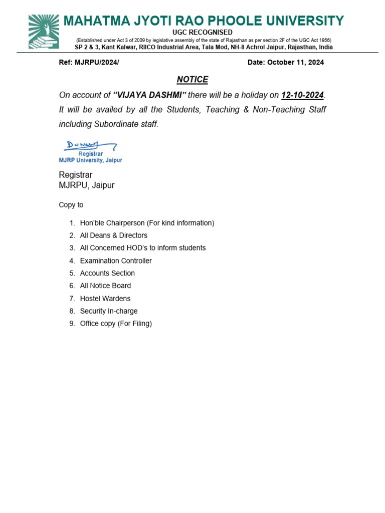 MJRPU Notice Dussehra 2024 | PDF