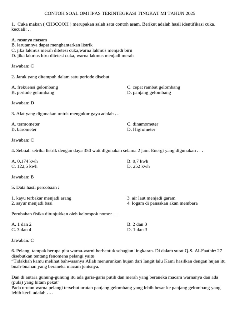 Contoh Soal Omi Ipas Terintegrasi Tingkat Mi Tahun 2025 | PDF