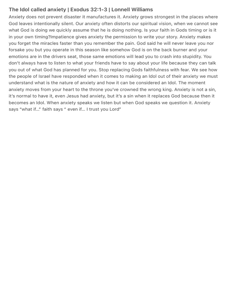The Idol called anxiety Exodus 321-3 Lonnell Williams | PDF