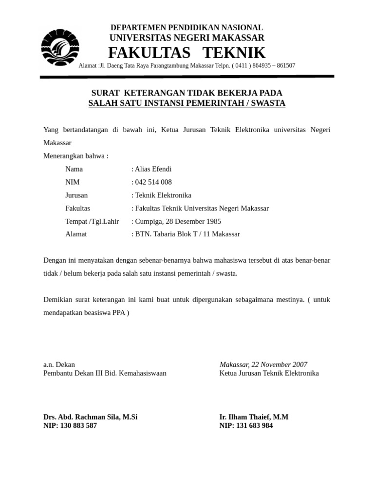 Surat Keterangan Tidak Bekerja Pada | PDF