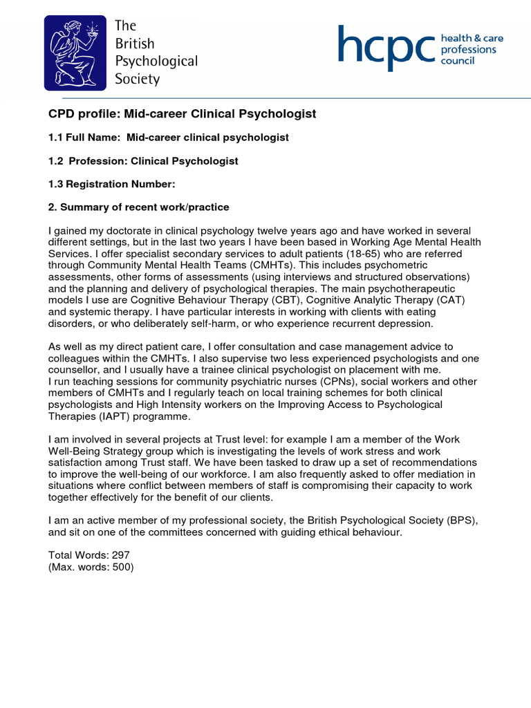 Mid-Career Clinical Psychologist CPD Profile | PDF | Psychotherapy ...