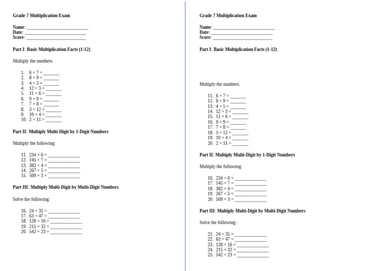 Grade 7 Multiplication Exam | PDF | Multiplication | Chess
