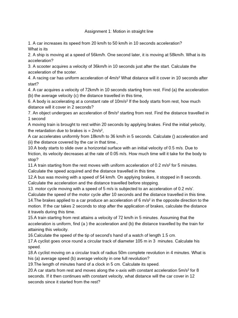 Assignment1 Motion in Straight Line | PDF | Acceleration | Speed