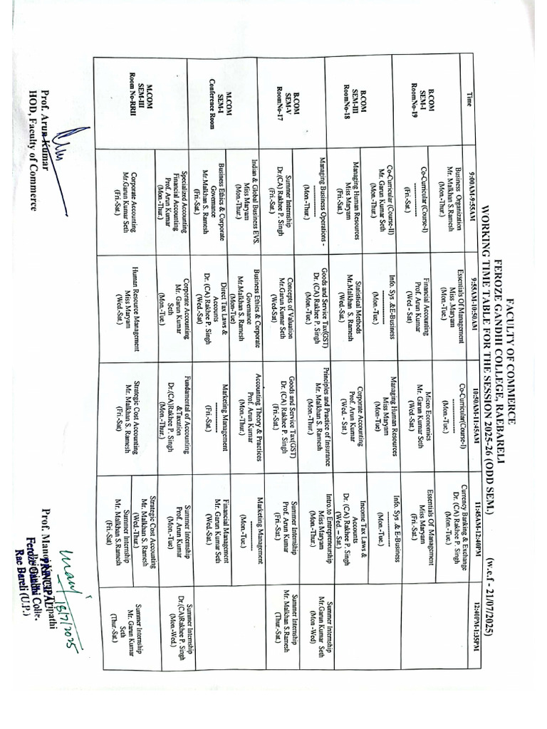 Odd Sem Time Table 2025-56 | PDF