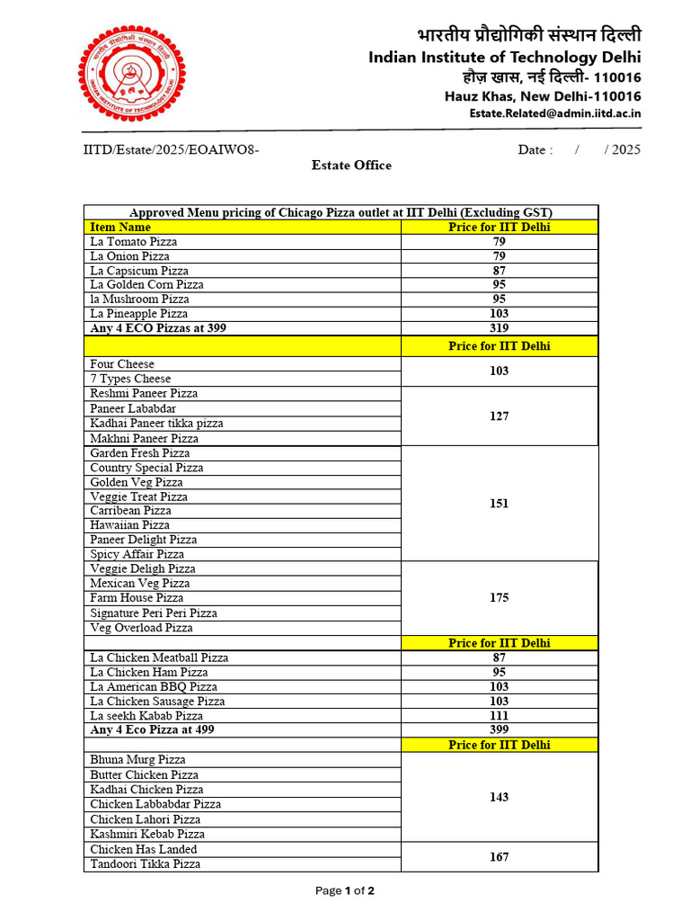 IIT Delhi Chicago Pizza Menu Pricing | PDF | Pizza | Asian Cuisine