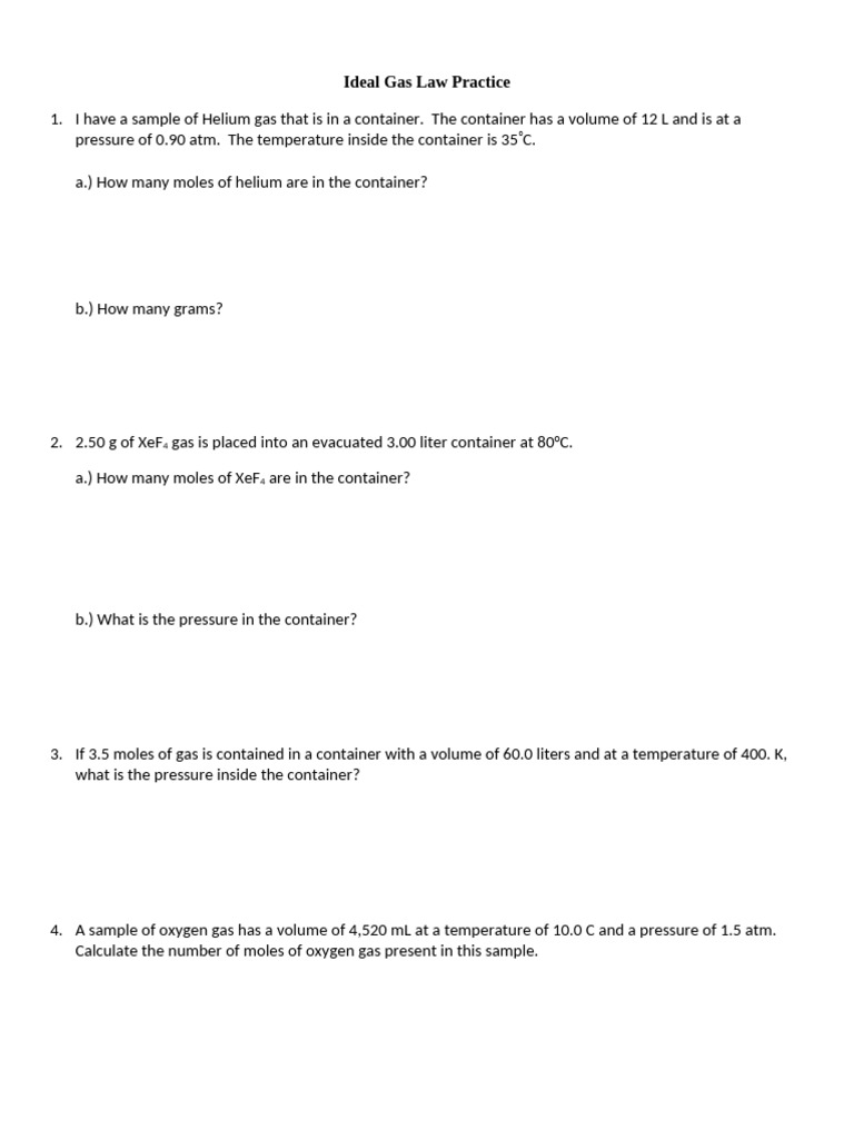 Ideal Gas Law Practice Problems | PDF