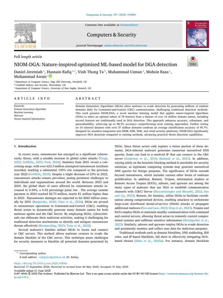 Optimized ML Model for DGA Detection | PDF | Machine Learning | Malware