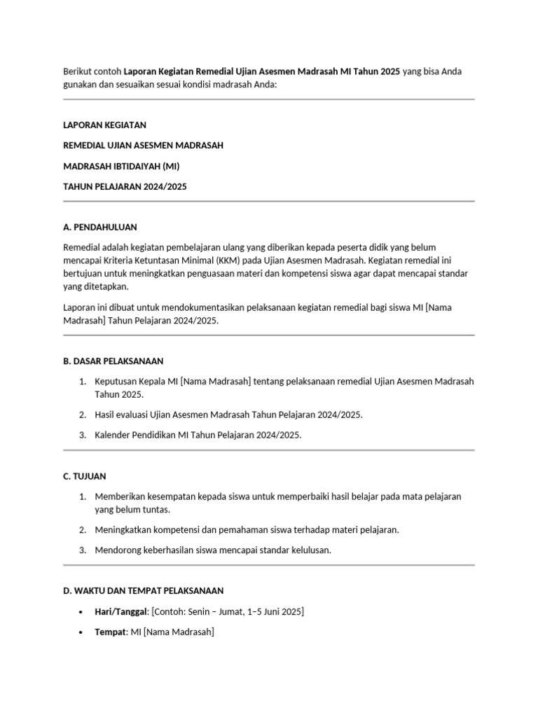 Laporan Remedial Ujian MI 2025 | PDF