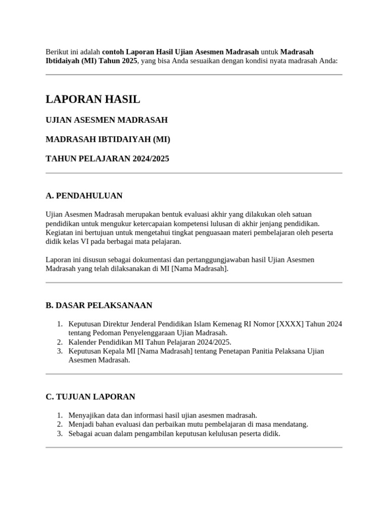 Laporan Hasil Ujian MI 2024/2025 | PDF