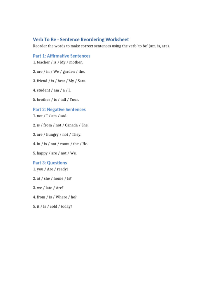 Verb To Be Reorder Worksheet | PDF