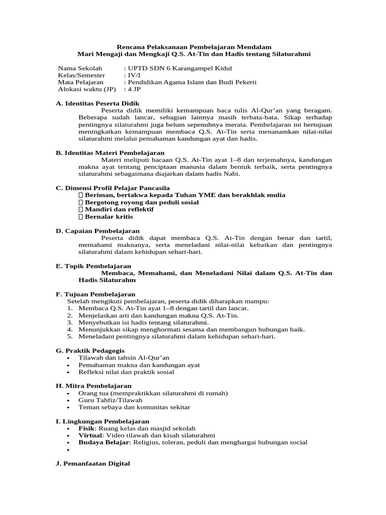 Modul Ajar PAI Mendalam Kelas 4 SMT 1 Pertemuan 1 Tahun 2025 - 2026 | PDF