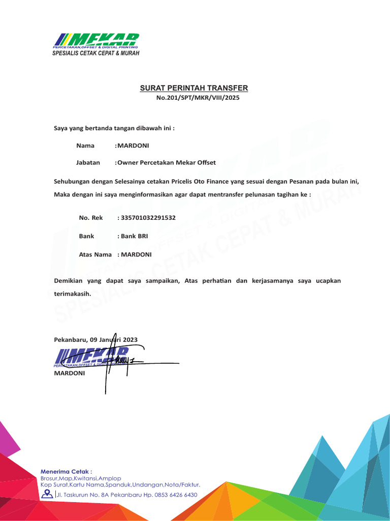 Surat Perintah Transfer Pembayaran | PDF
