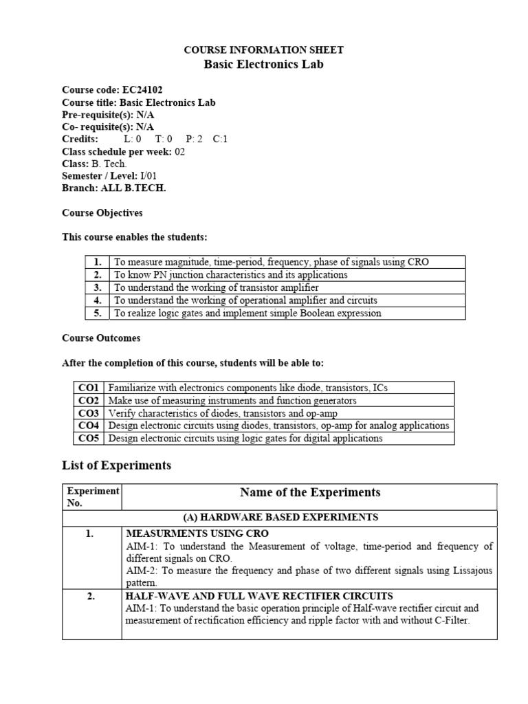 Basic Electronics Lab Course Overview | PDF | Operational Amplifier ...