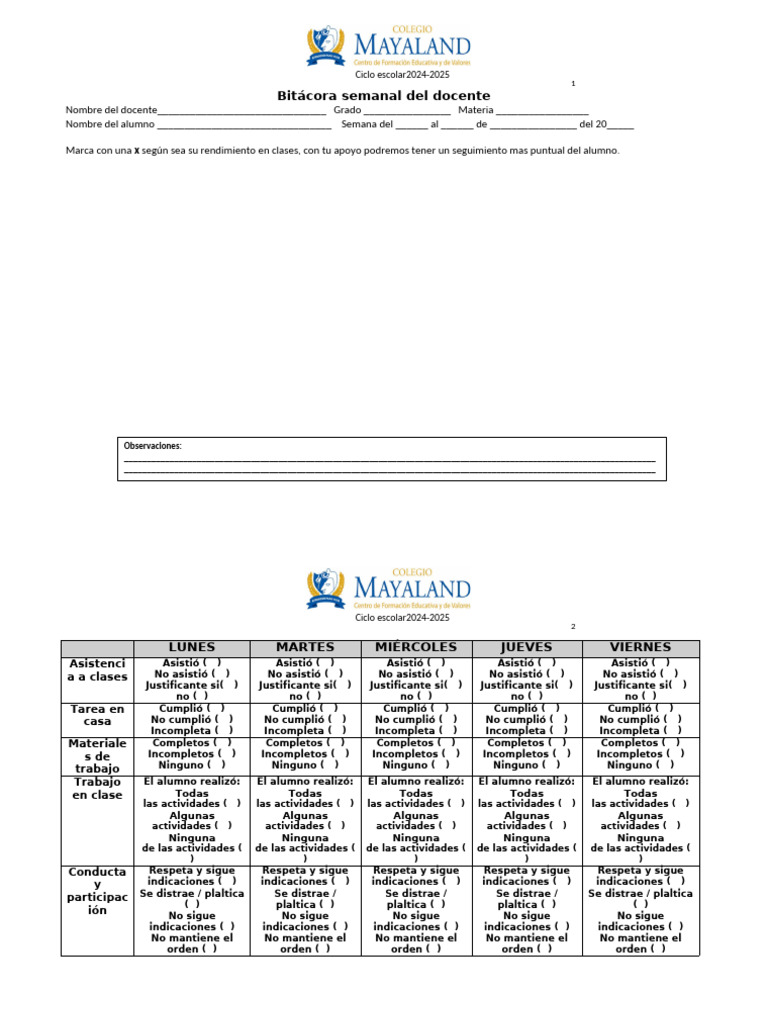 Bitácora Semanal del Docente 2024-2025 | PDF