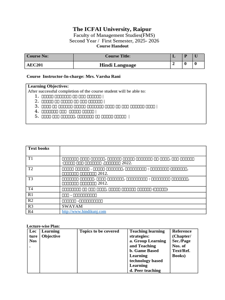 Course Handouts Hindi Language BBA II | PDF