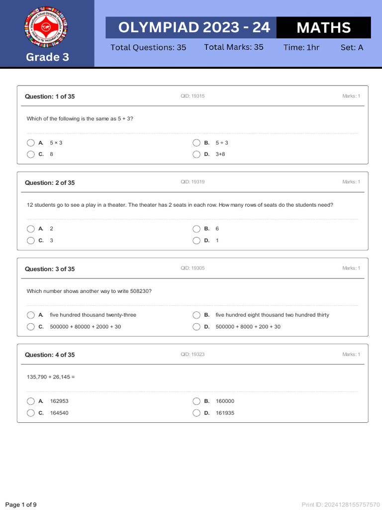 Maths Olympiad Grade 3-1 | PDF | Elementary Geometry