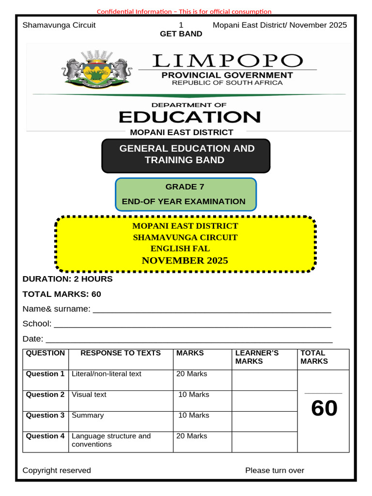 Grade 7 English Exam Paper November 2025 | PDF | Part Of Speech ...