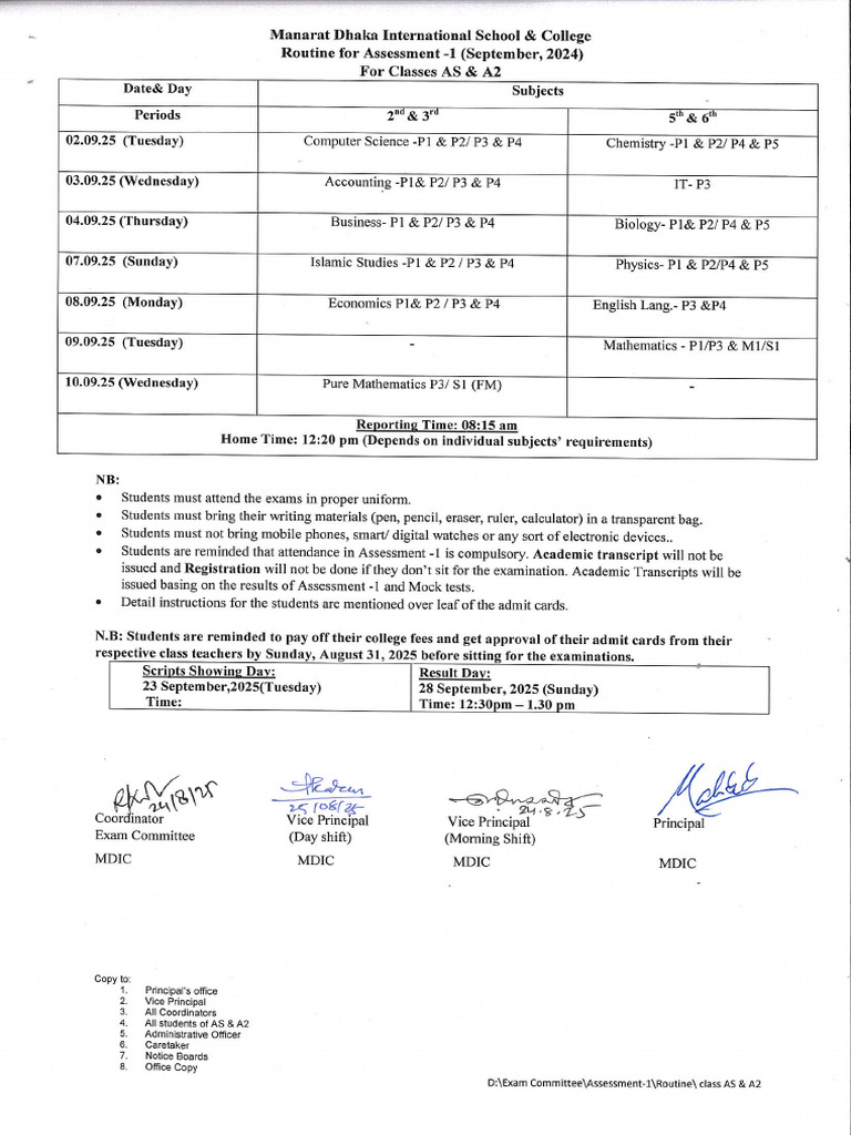 Routine For Assessment-1 For Classes As & A2 | PDF