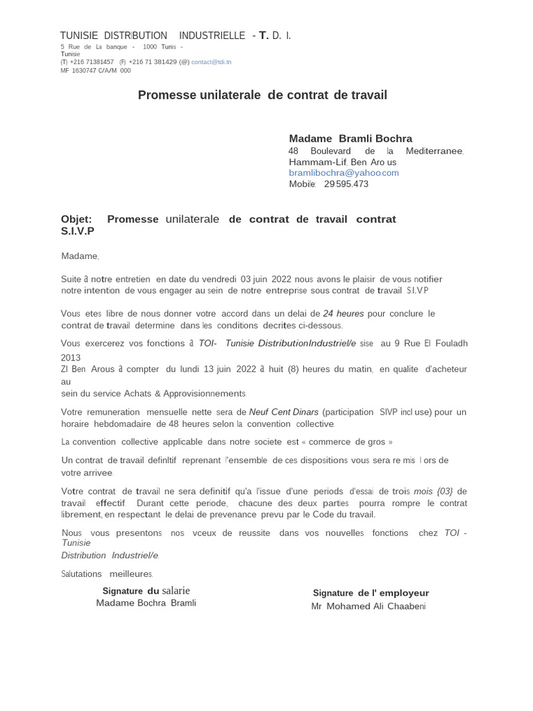 Promesse de Contrat de Travail | PDF