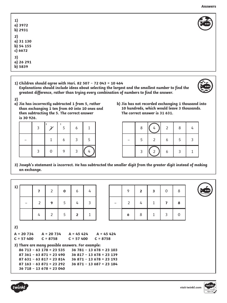 Answers - Subtract Whole Numbers With More Than 4-Digits | PDF