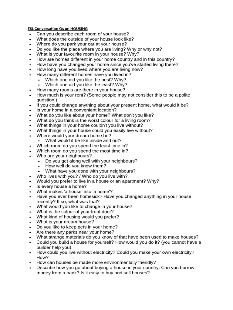 ESL Housing Conversation Questions | PDF | Couch | Affordable Housing